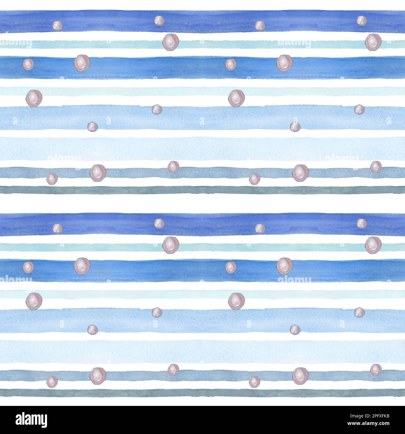 Watercolor seamless pattern in blue stripes of white shells ...