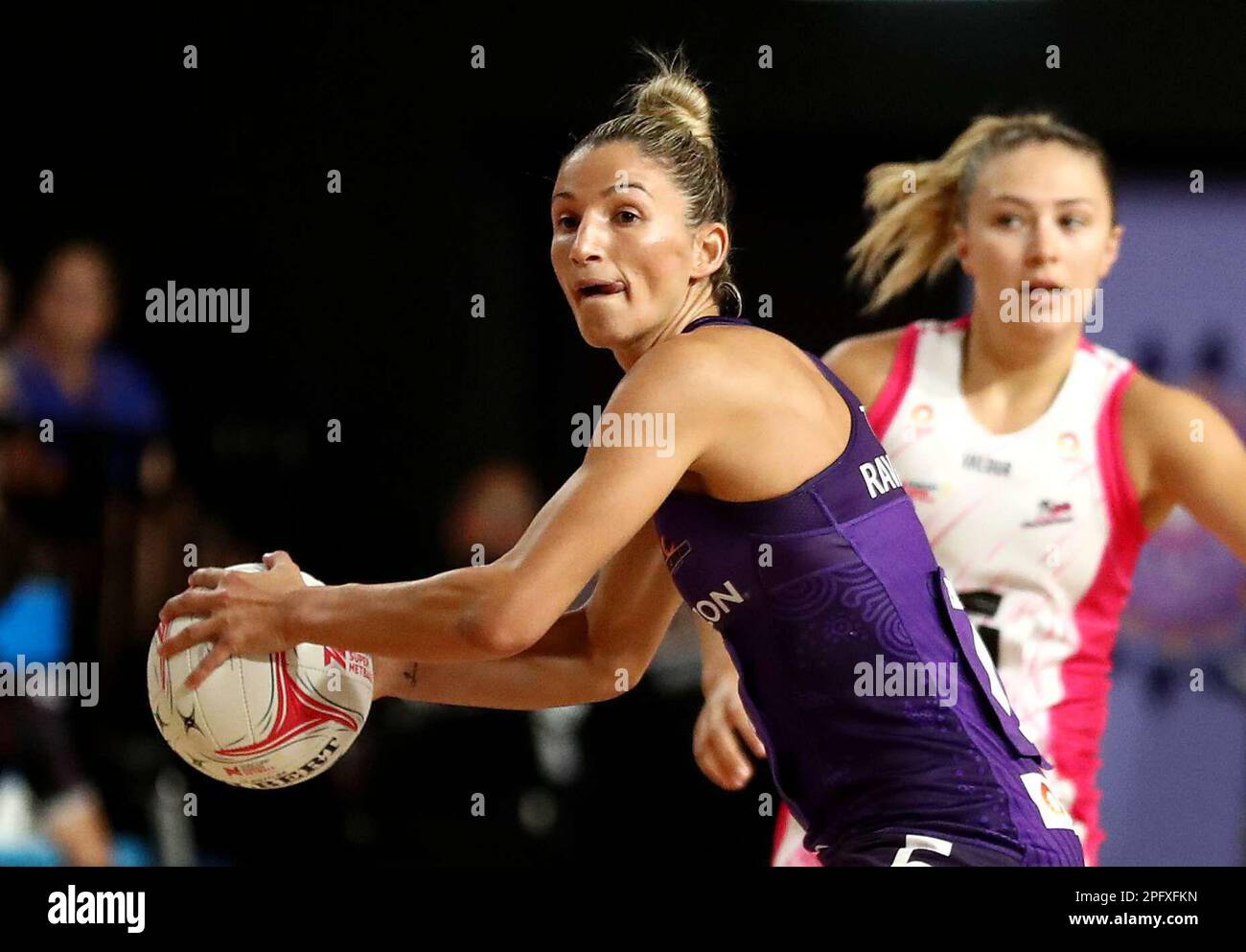 Kim Ravaillion of the Firebirds during the Super Netball Round 1 match ...