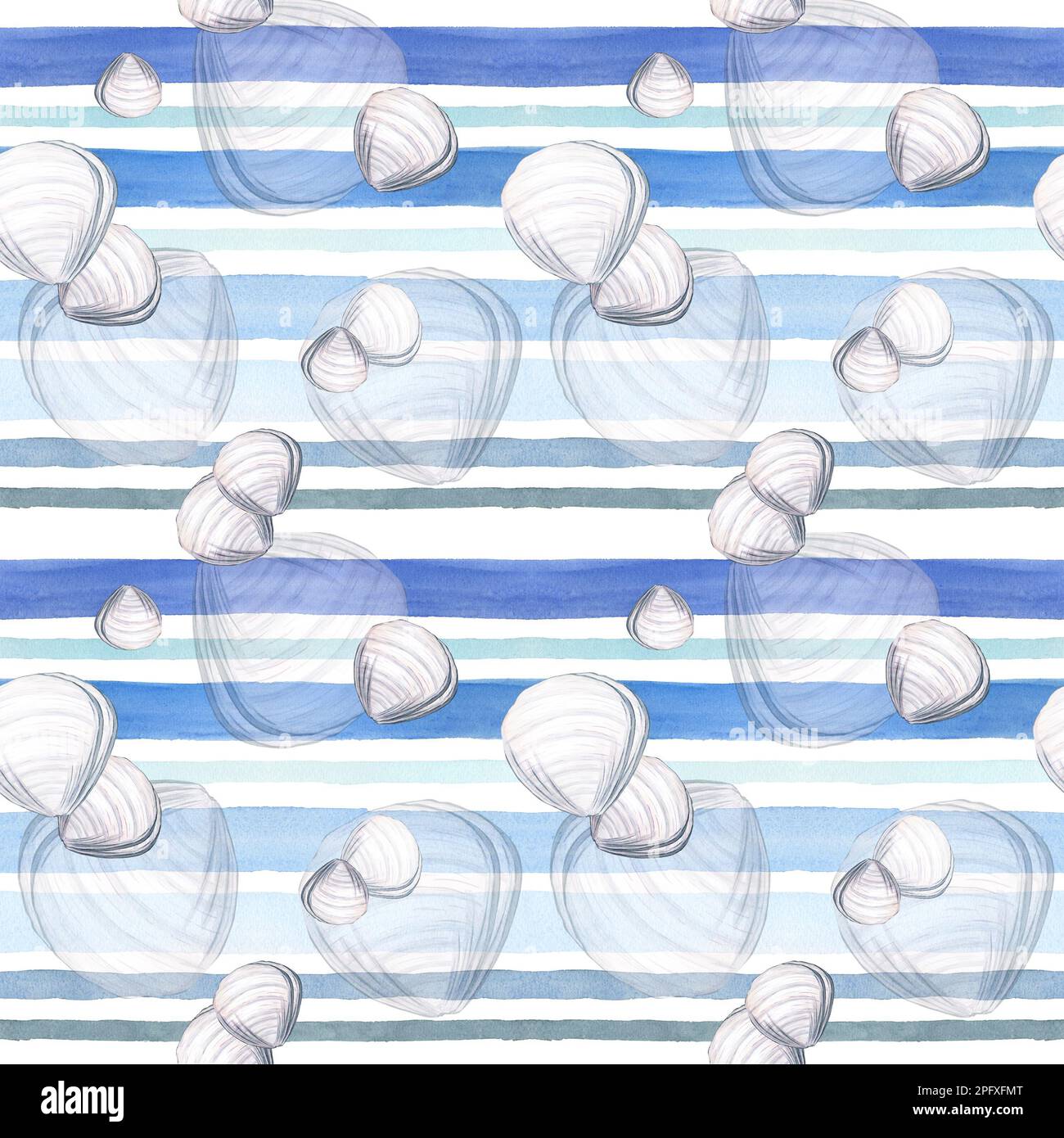 Watercolor seamless pattern in blue stripes of white shells. Watercolor ...