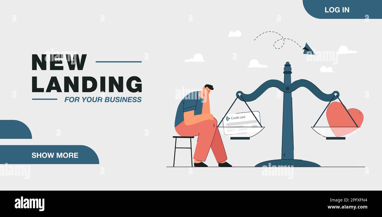 Sad man sitting next to scales with heart and credit card Stock Vector ...