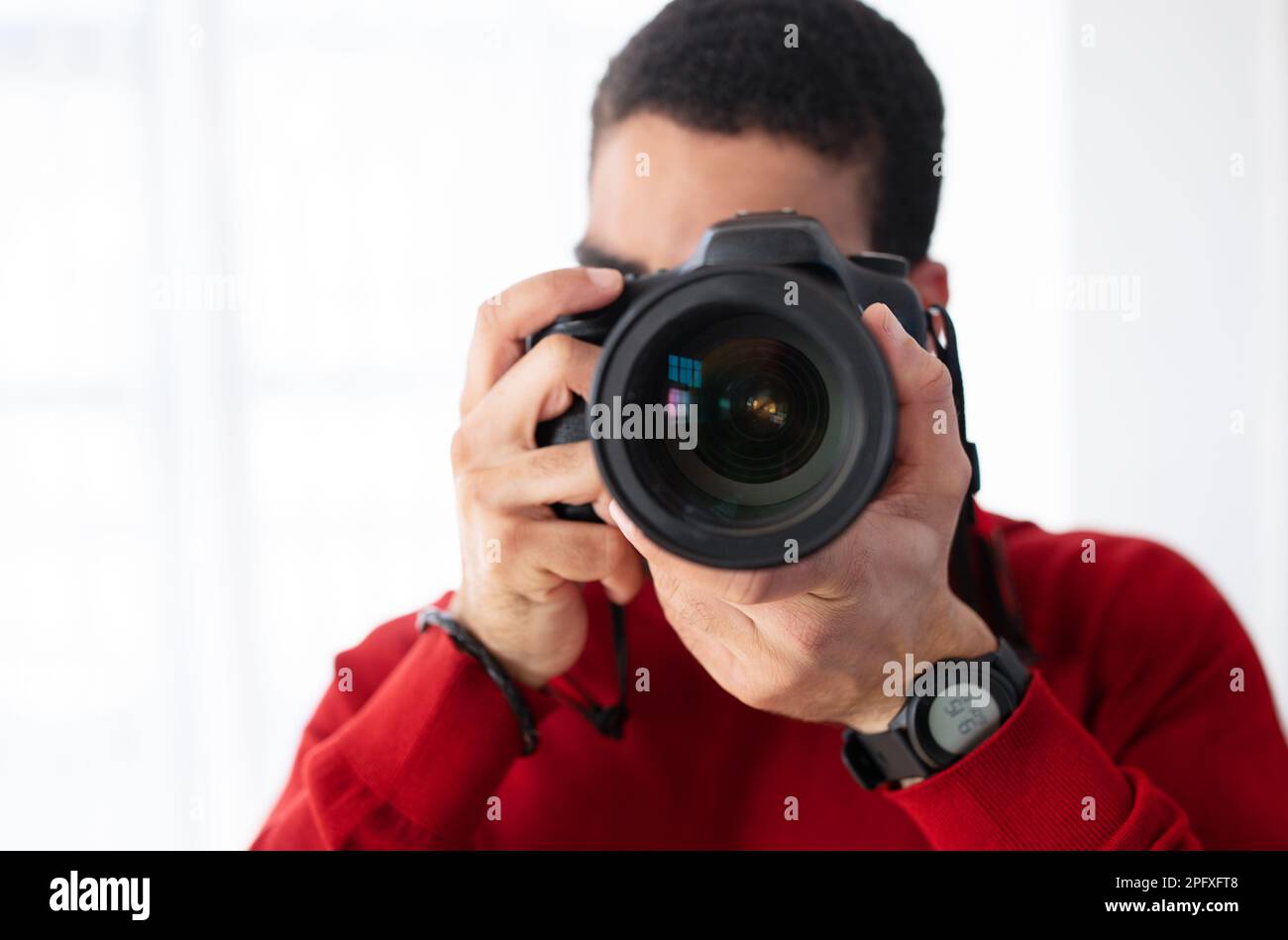 Closeup portrait of man photographer taking photo Stock Photo - Alamy
