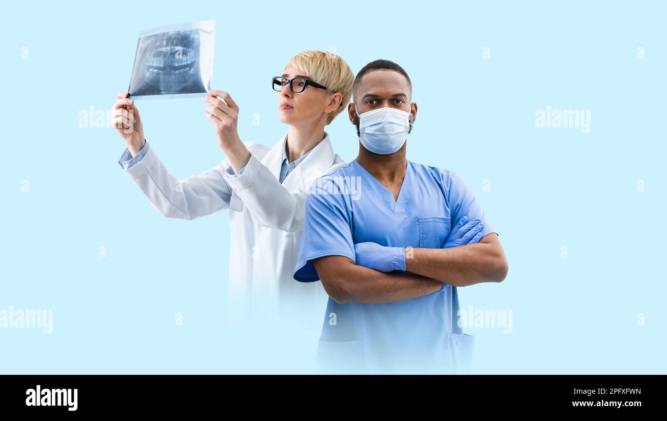 Medical Advertisement. Black Doctor In Mask And Female Dentist With ...