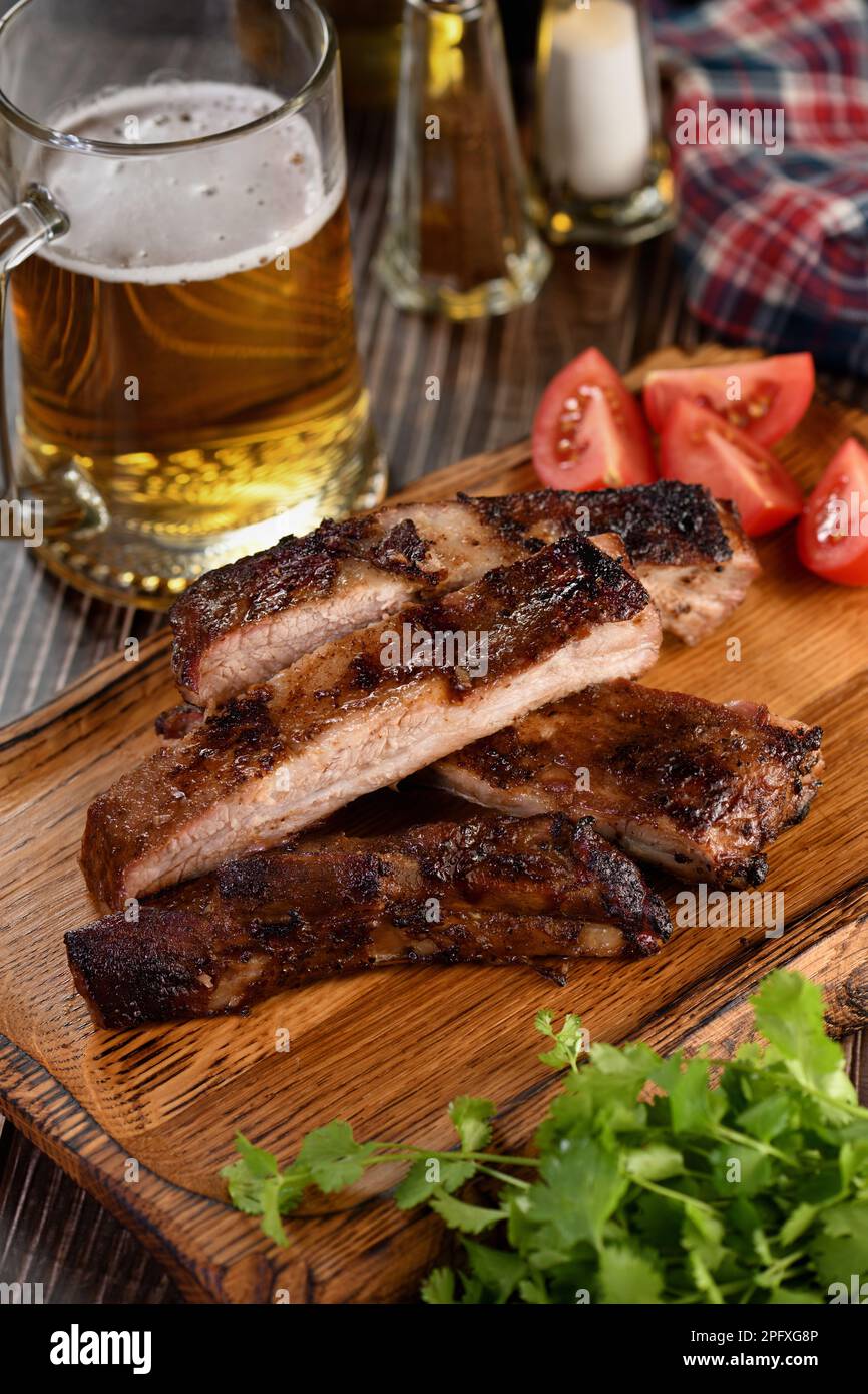 Delicious Baked Grilled Sliced pork belly with barbeque sauce plating ...