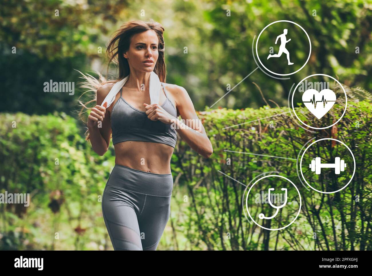 Girl running in the park. Healthy runner with smart fit watch ...