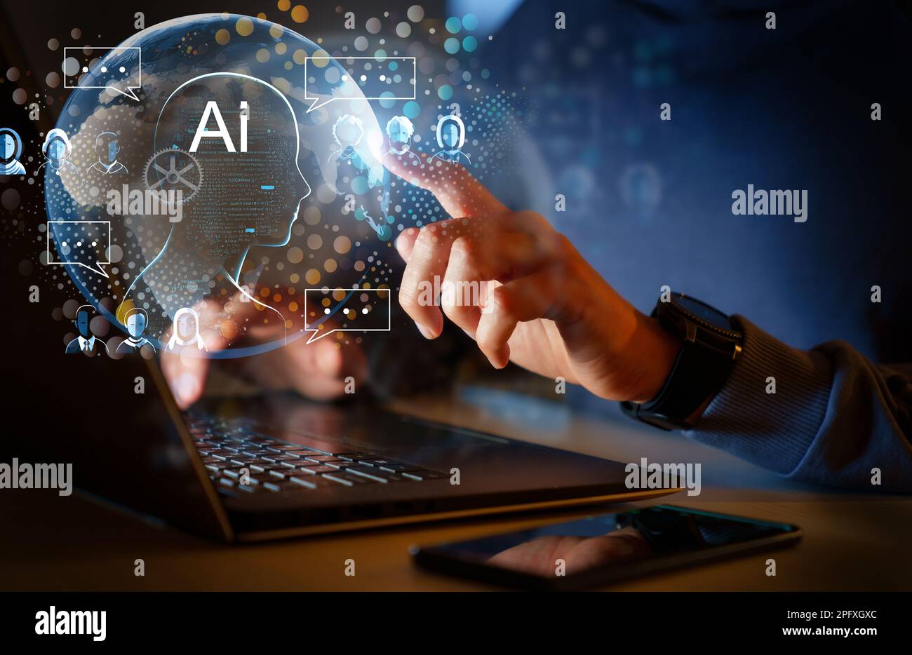 Computer and hands close up. The concept of artificial intelligence and ...