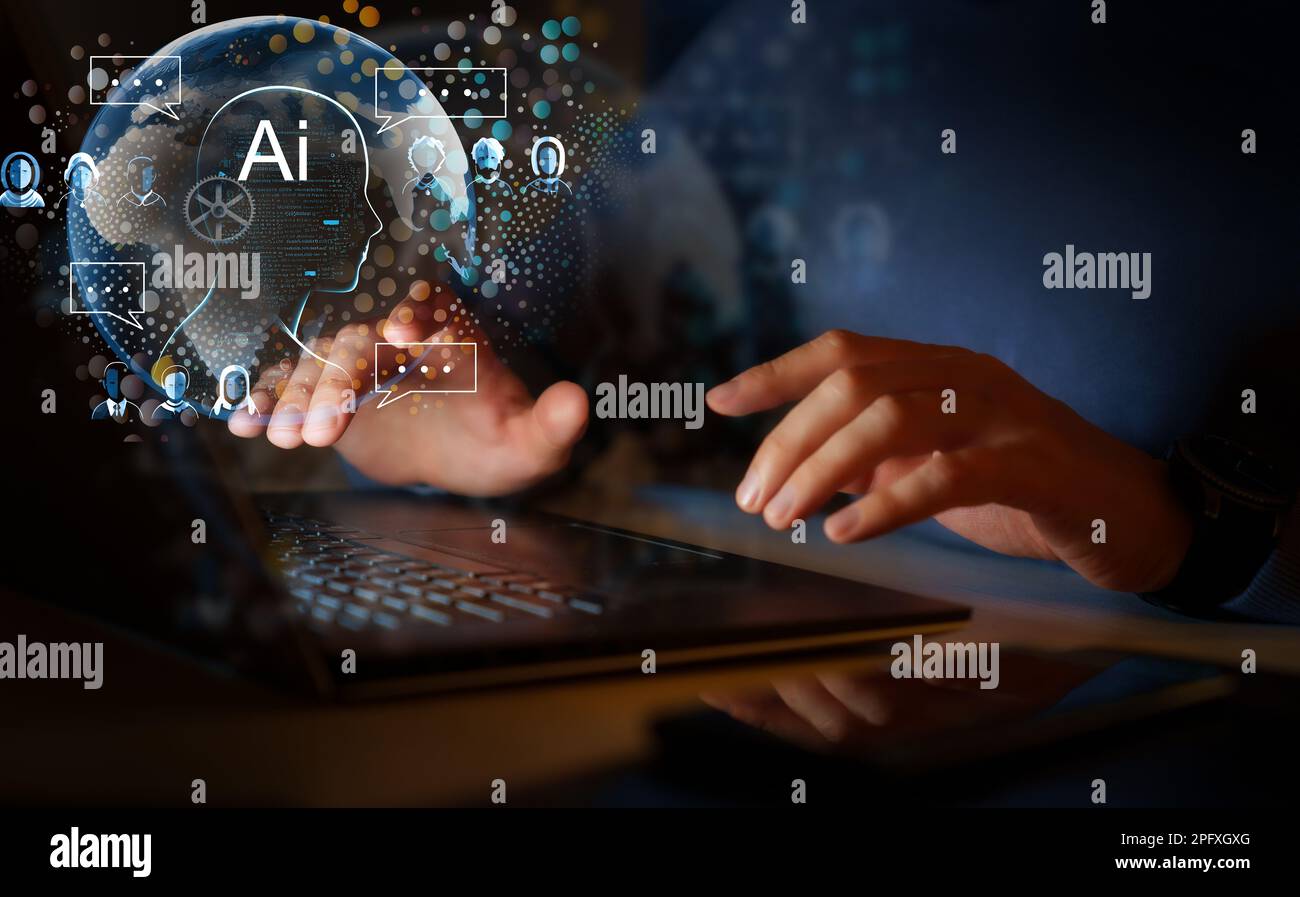 Computer and hands close up. The concept of artificial intelligence and ...