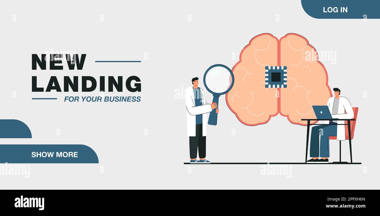 Cartoon doctor with magnifier studying brain with microchip Stock ...