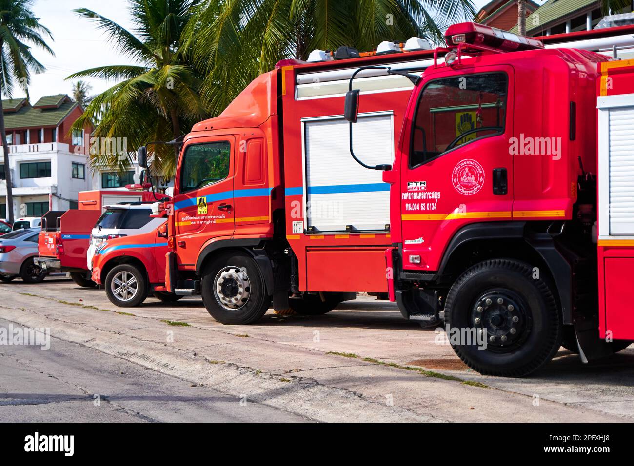Fire Department trucks in the parking lot near the rescue station. Koh ...