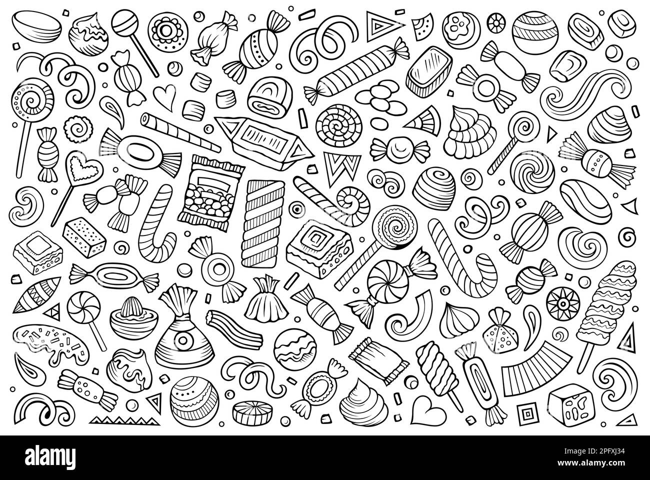 Line art vector doodle cartoon set of Candies theme items, objects and ...
