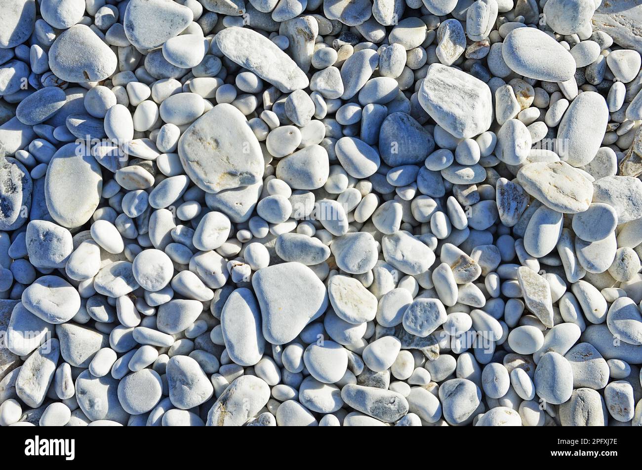 Different sized oval and round marble pebbles on the coast of the ...