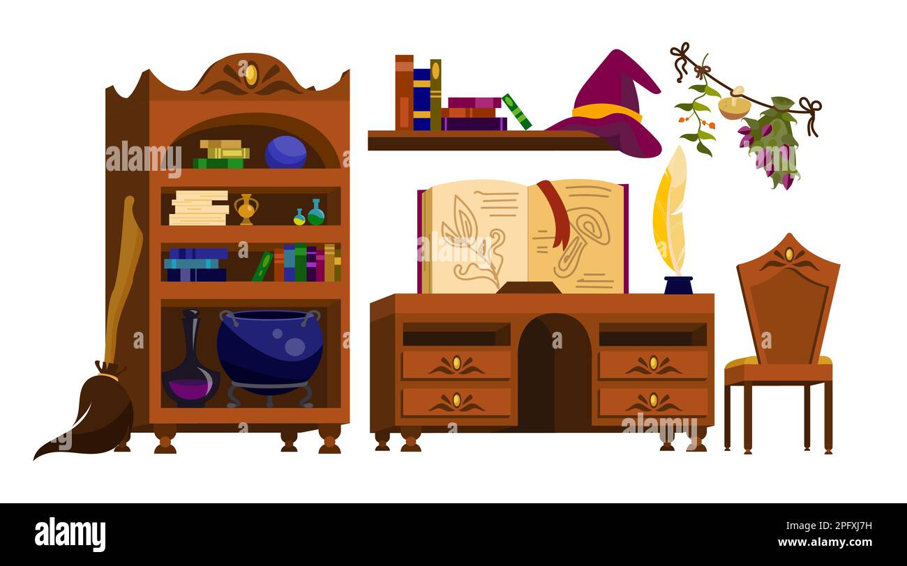 Furniture for wizard school interior vector illustrations set Stock ...