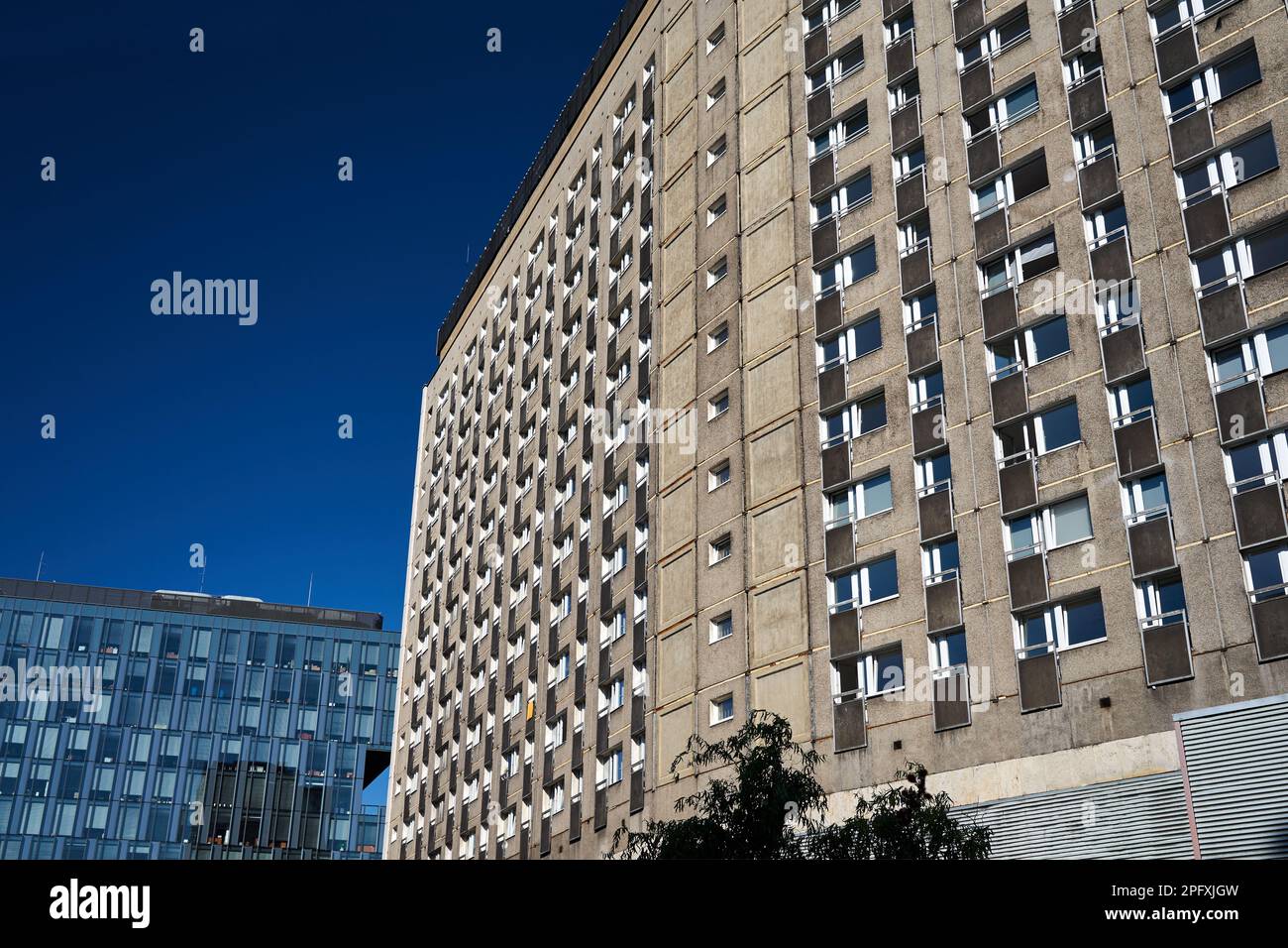 facades of modern high-rise concrete and glass buildings in the city of ...