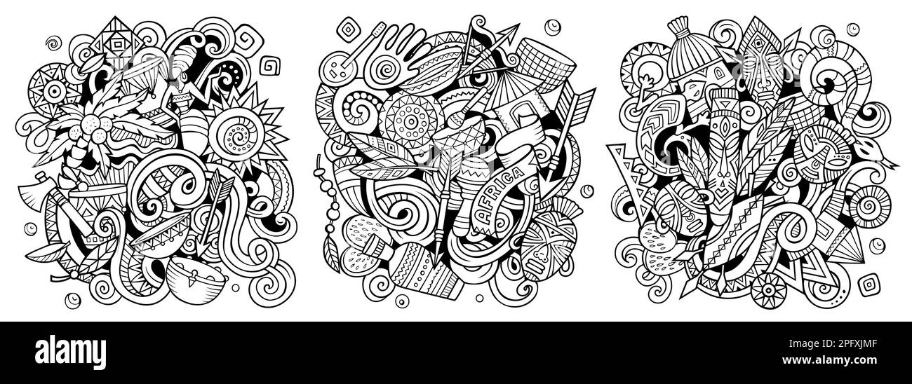 Africa cartoon vector doodle designs set. Line art detailed ...