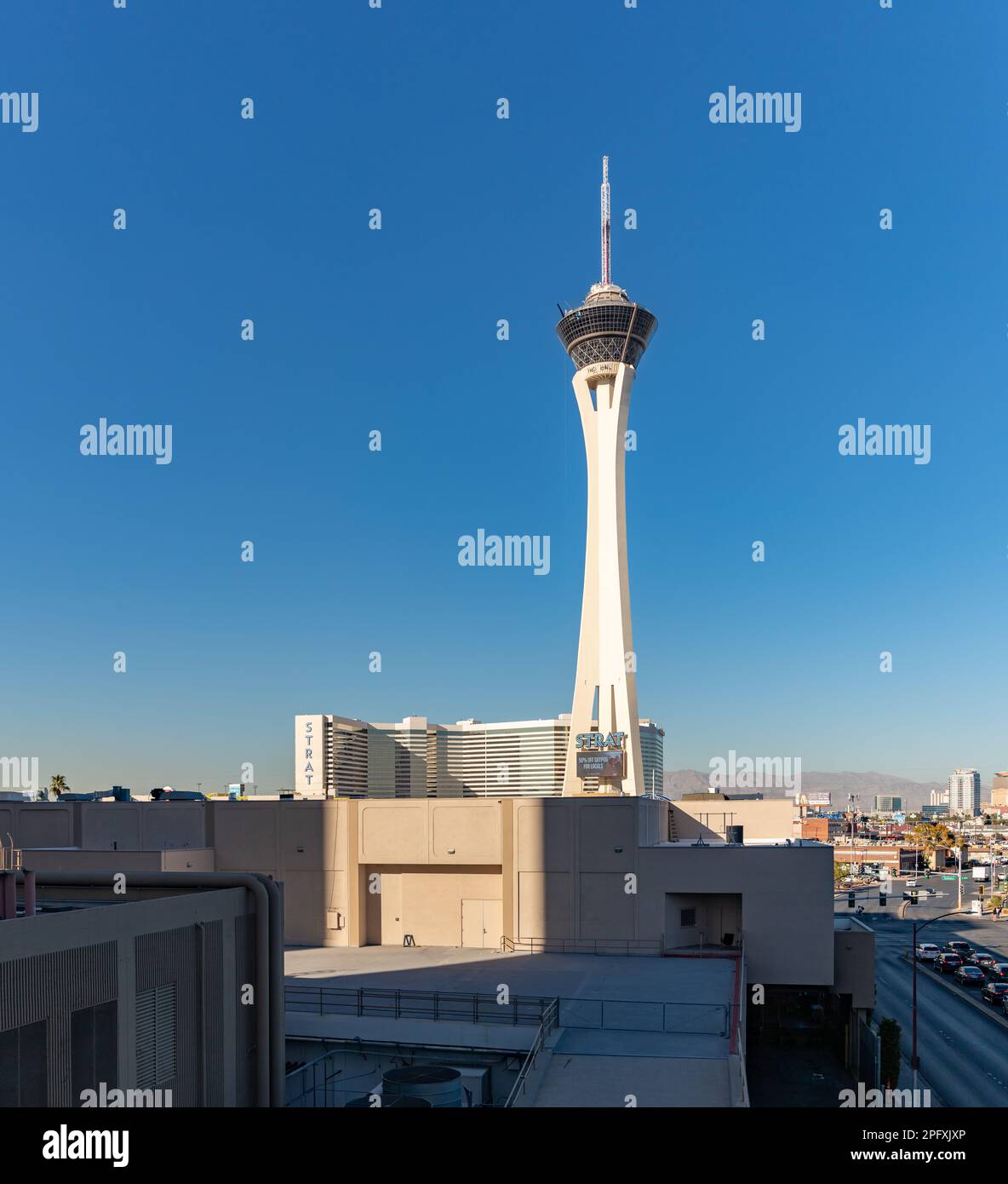 A picture of the STRAT Hotel, Casino and SkyPod as seen from the roof ...