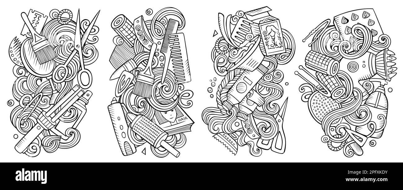 Hair Salon cartoon vector doodle designs set. Sketchy detailed ...