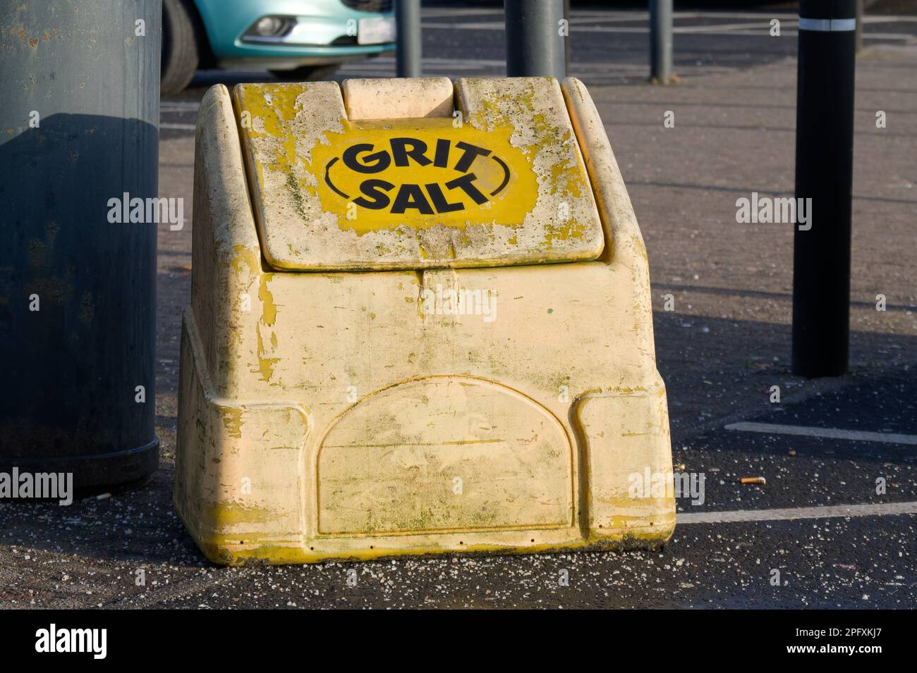 Salt grit yellow container for winter road safety on council road Stock ...
