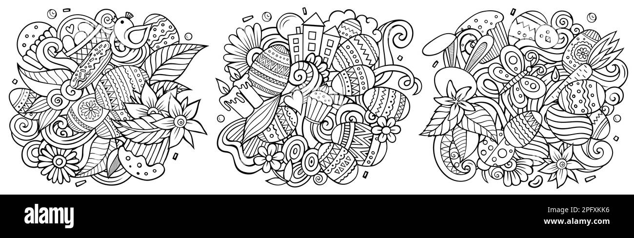 Happy Easter cartoon vector doodle designs set. Line art detailed ...