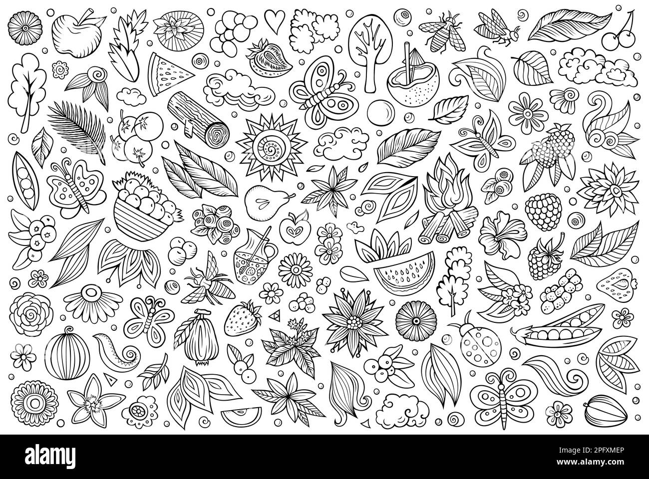 Vector doodle cartoon set of Summer nature theme objects and symbols ...