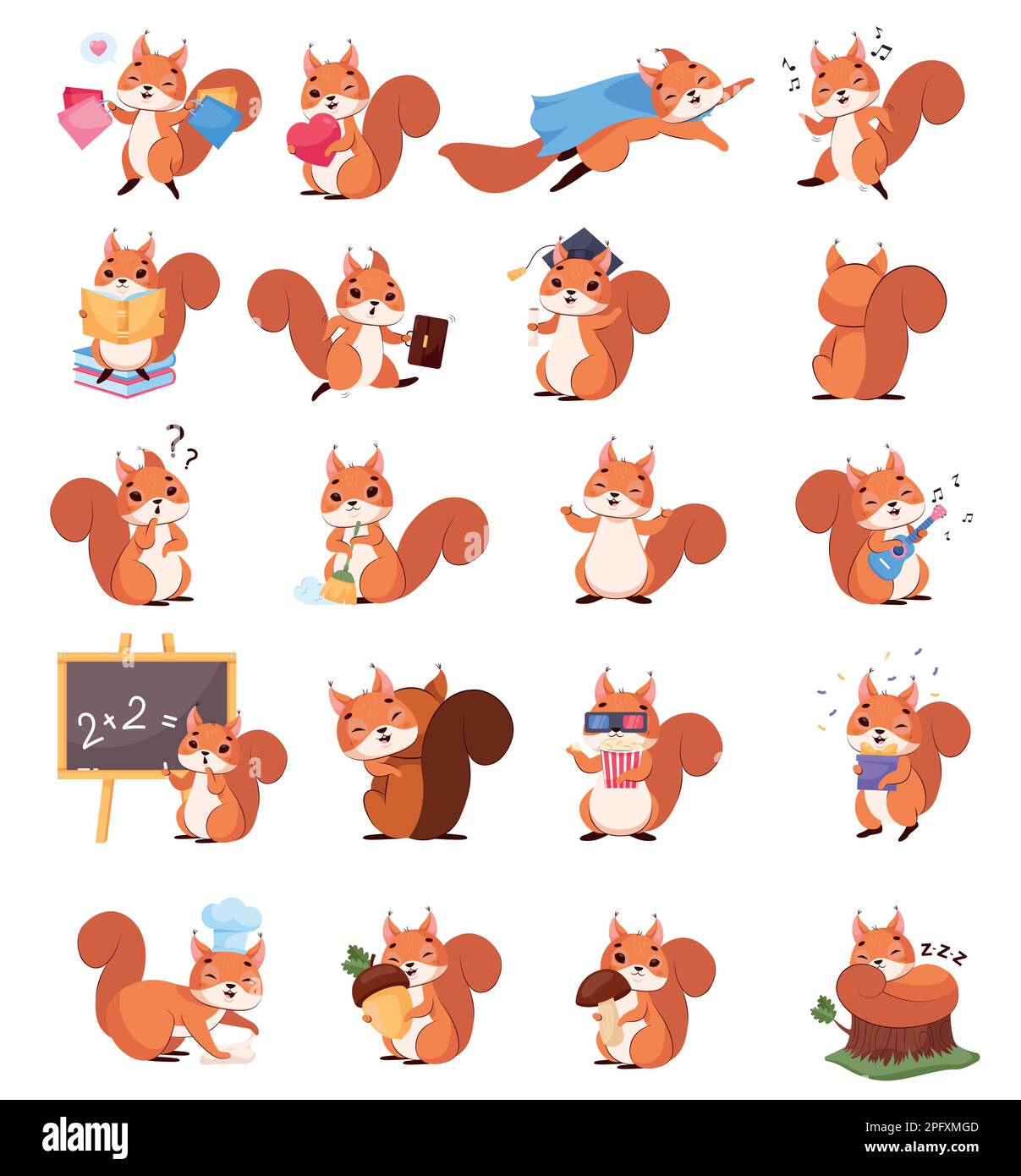 Cute little squirrel in different poses cartoon illustration set Stock ...