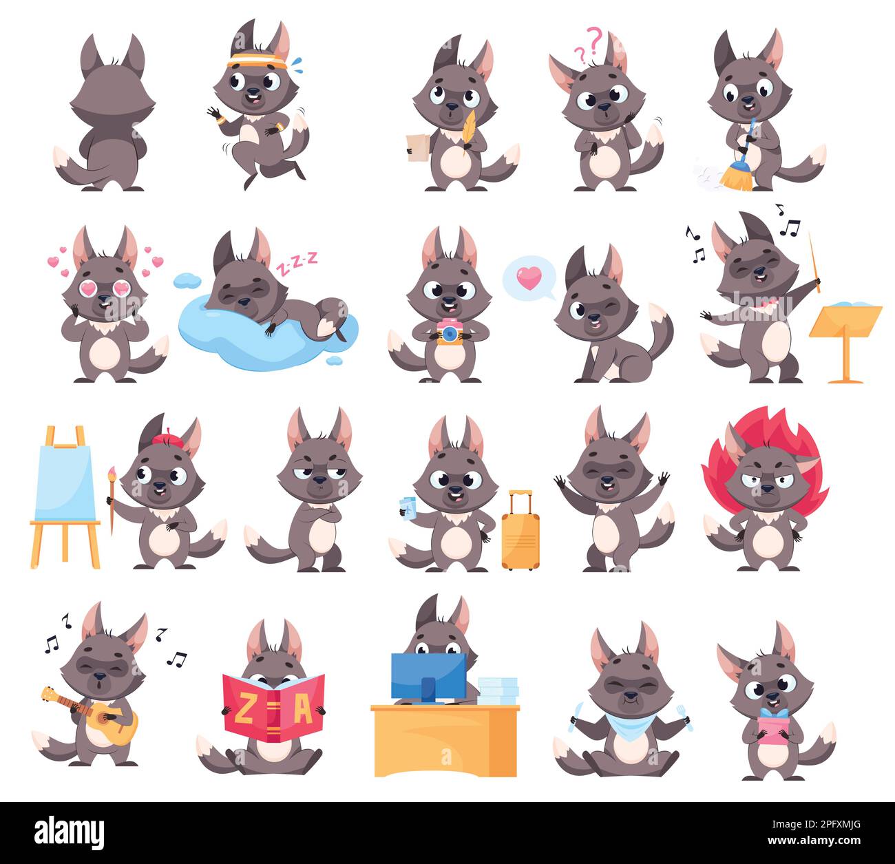 Happy wolf doing different actions cartoon illustration set Stock ...