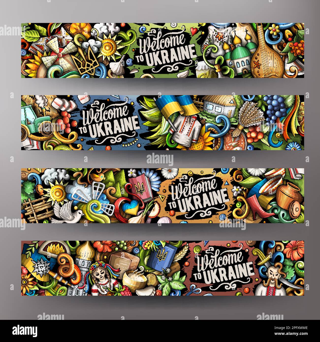 4 horizontal banners with Ukraine theme doodles Stock Vector Image ...