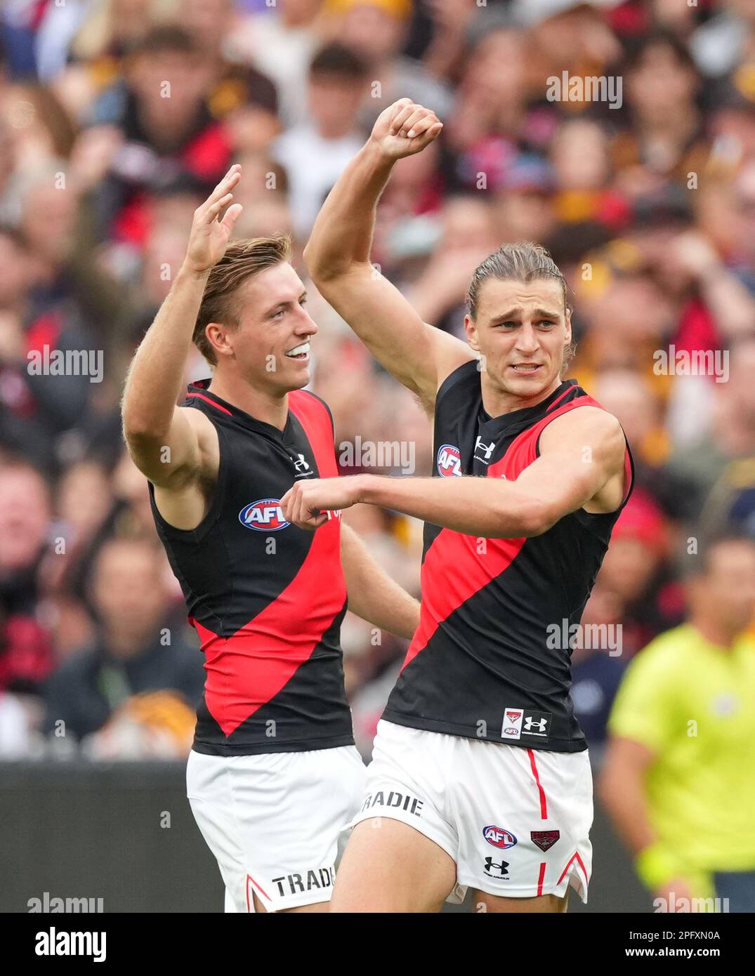 Harrison Jones of the Bombers celebrates after kicking a goal during ...