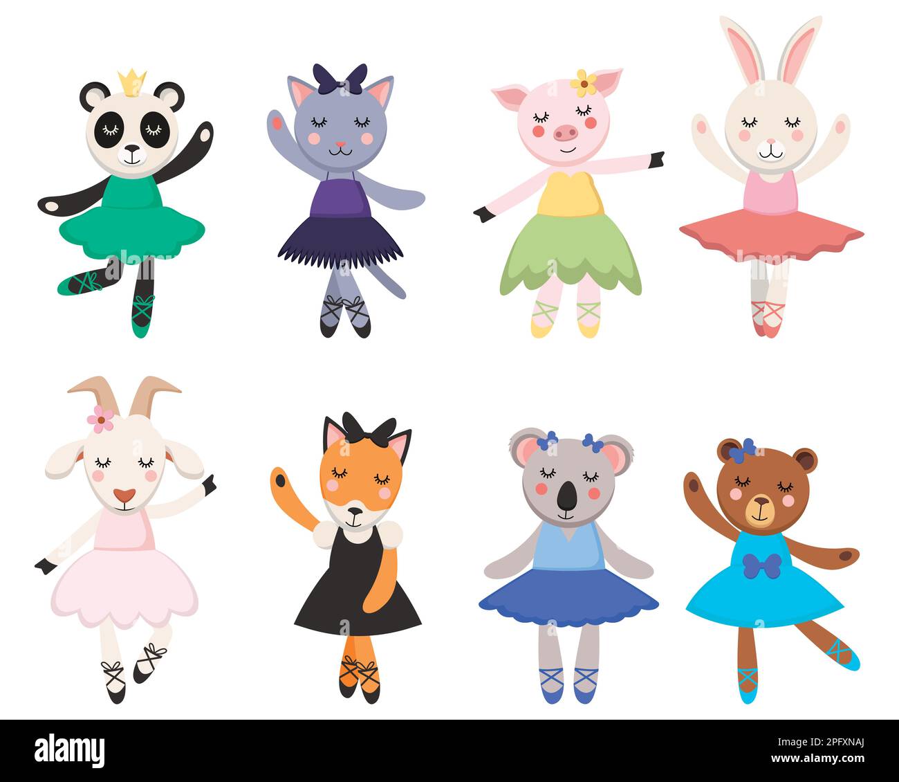 Cute comic animals in dresses dancing vector illustrations set Stock ...