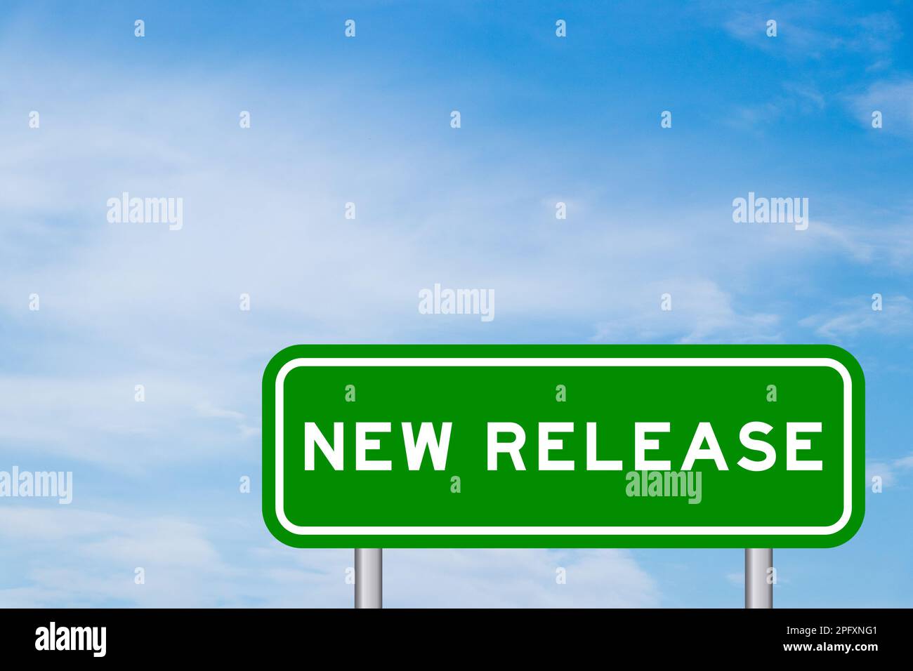 Green color transportation sign with word new release on blue sky with ...