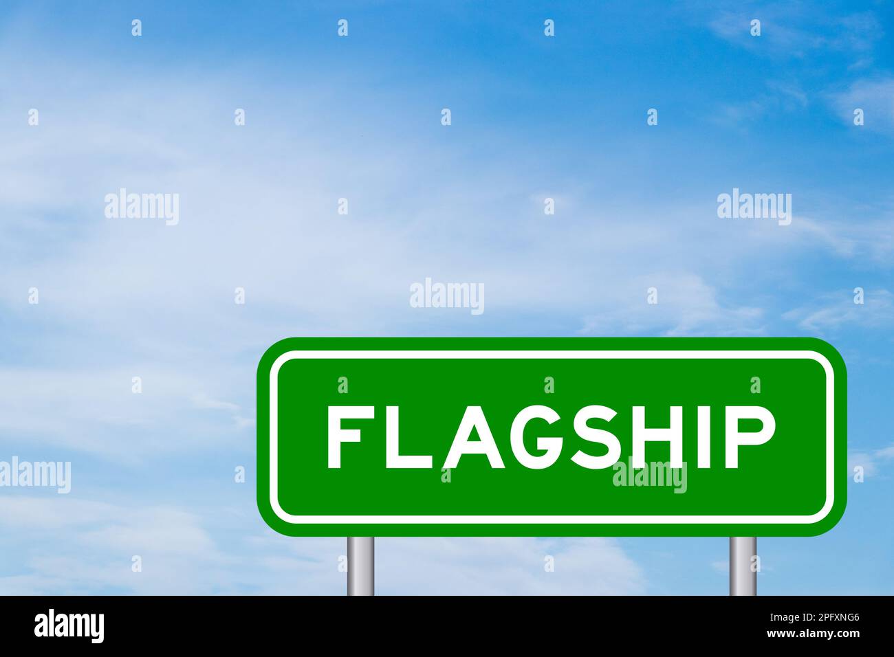 Green color transportation sign with word flagship on blue sky with ...