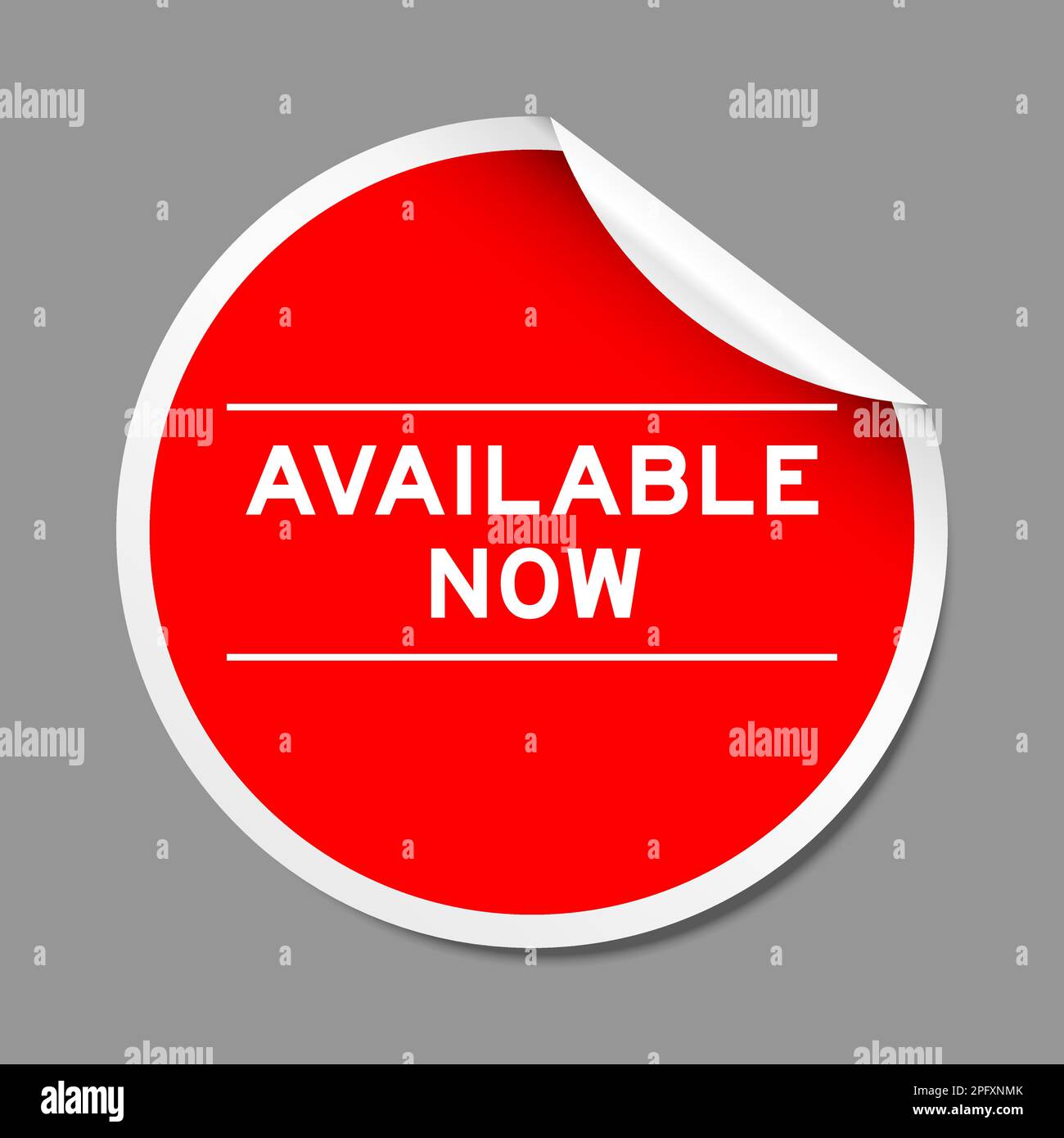 Red color peel sticker label with word available now on gray background ...