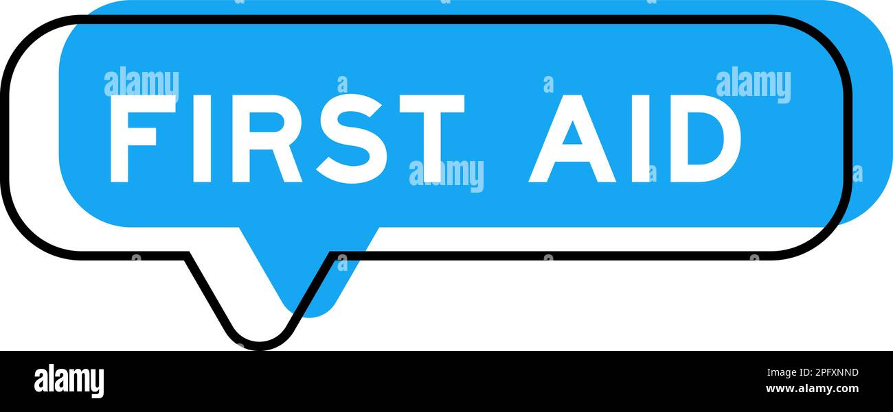 Speech banner and blue shade with word first aid on white background ...