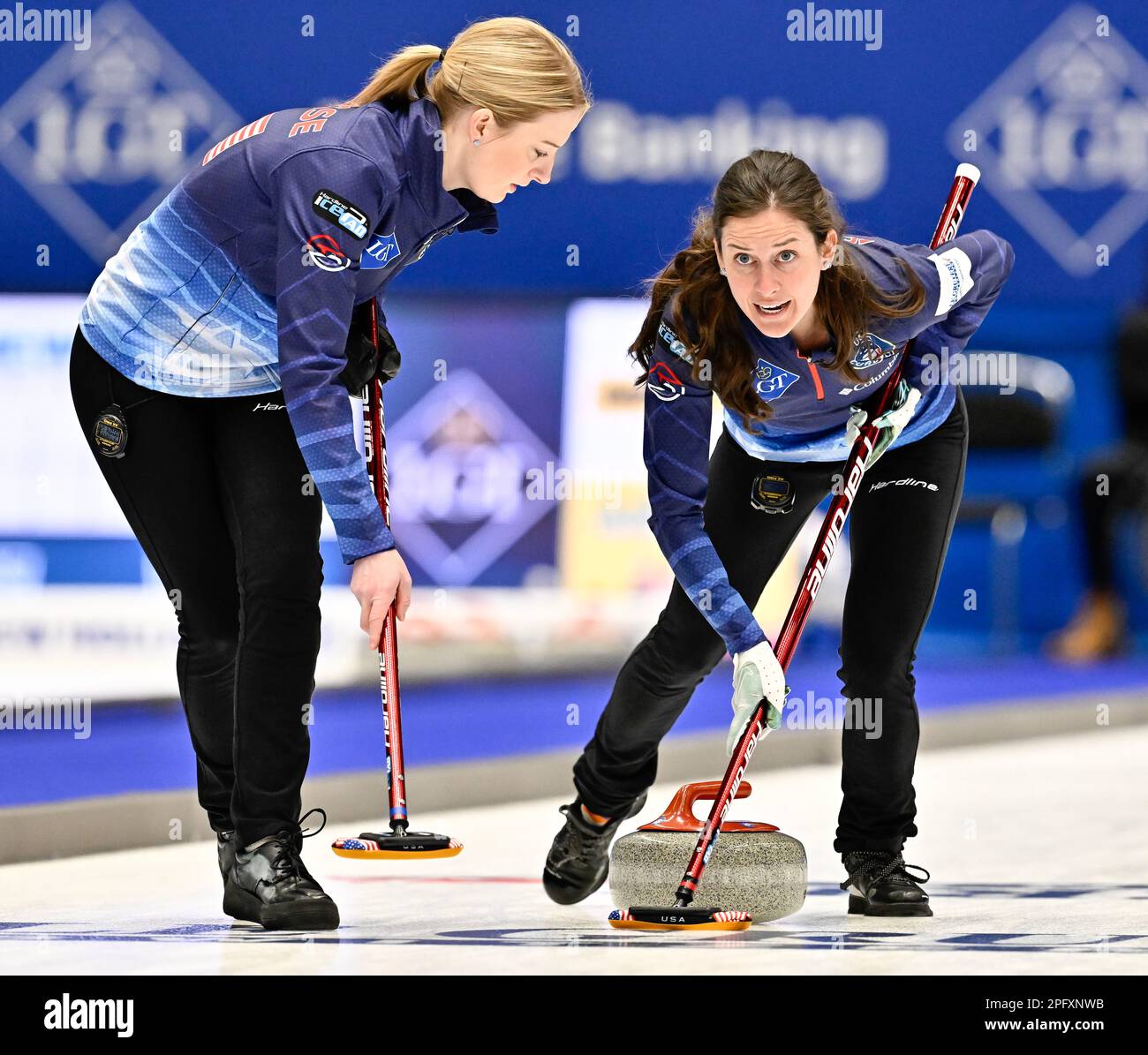 USA's Cory Thiesse (L) and Tara Peterson in action during the match ...