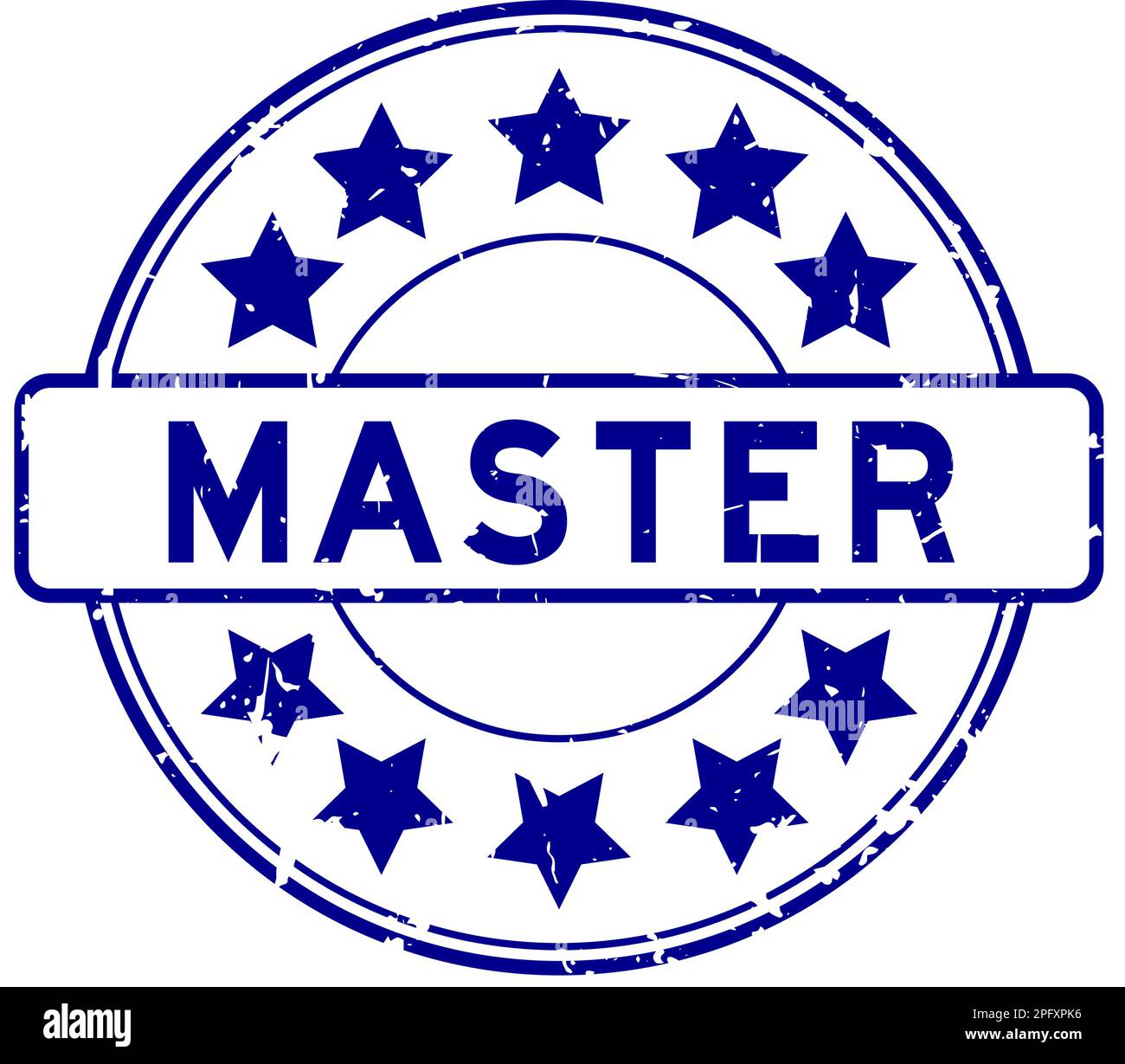 Grunge blue master word with star icon round rubber seal stamp on white ...