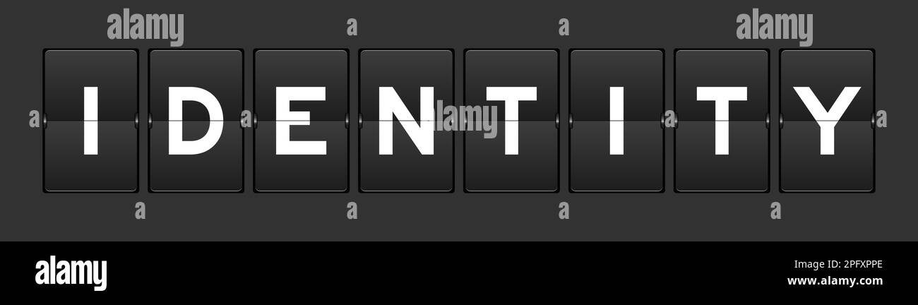 Black color analog flip board with word identity on gray background ...