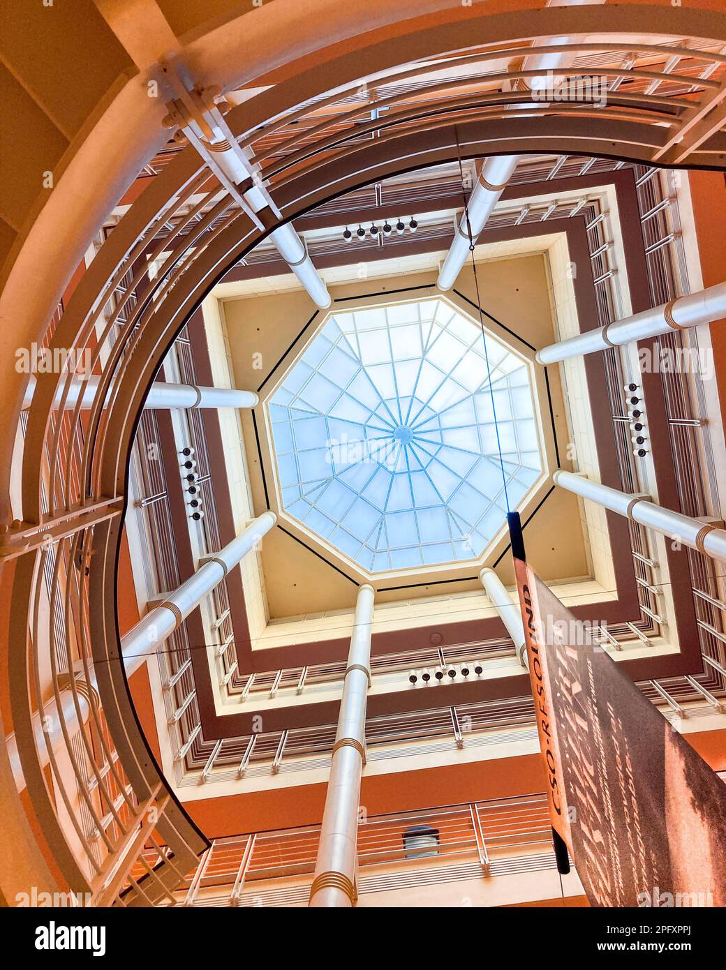 Symphony Hall, Chicago, view up spiral staircase to skylight showing ...