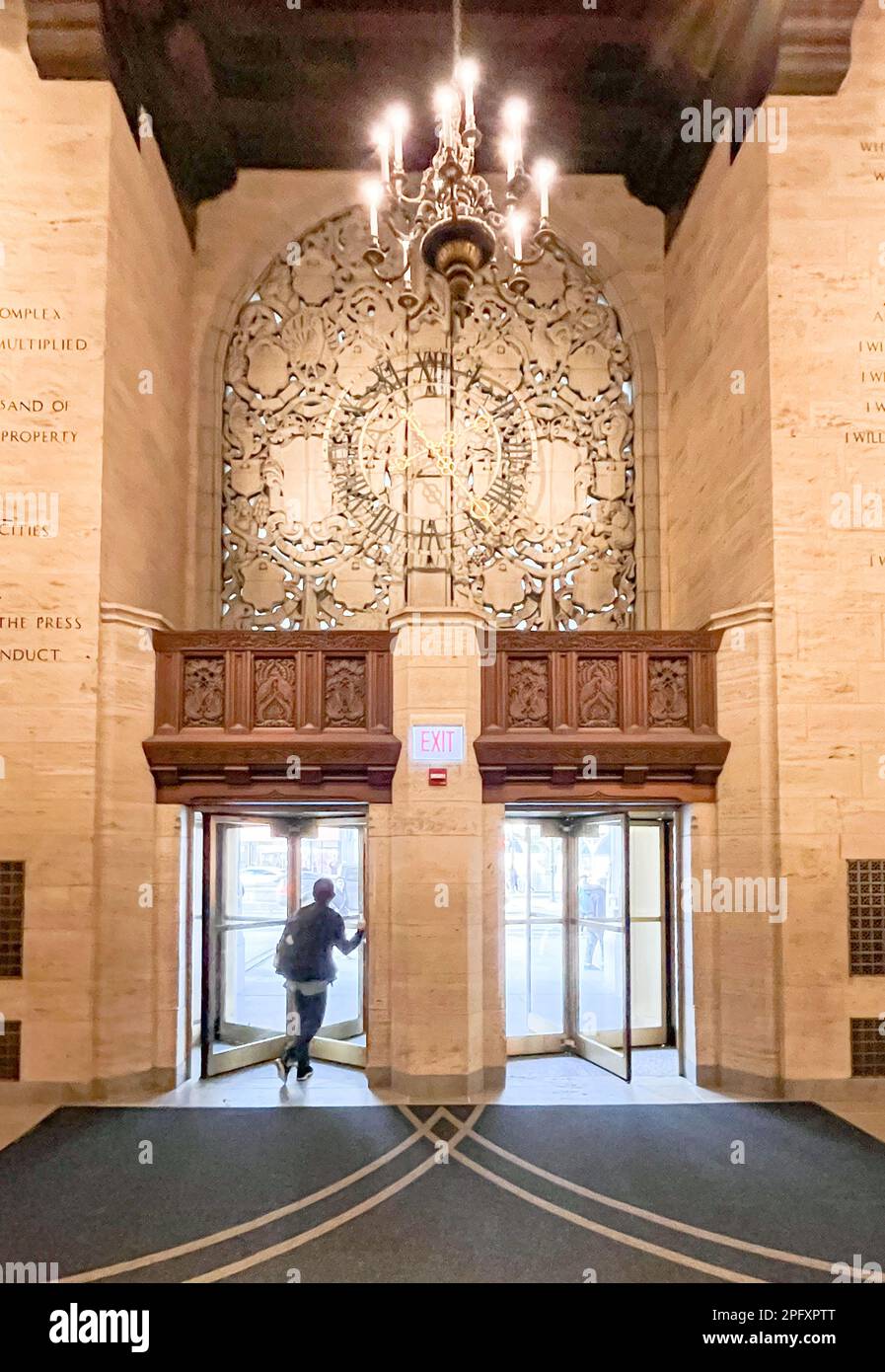 Interior of theornate lobby of the Tribune Building, Chicago, with a ...