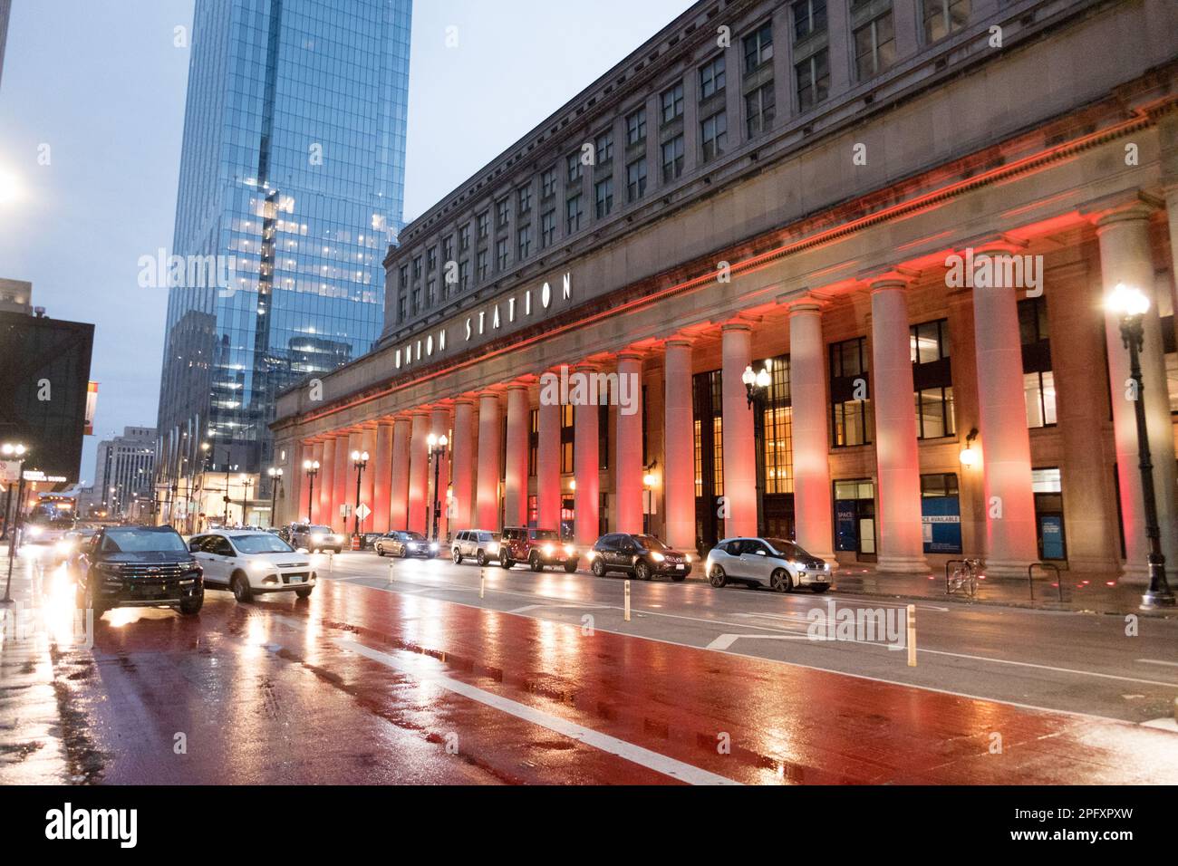 Exterior of Union Station, Chicago, on a wet evening with reflections ...