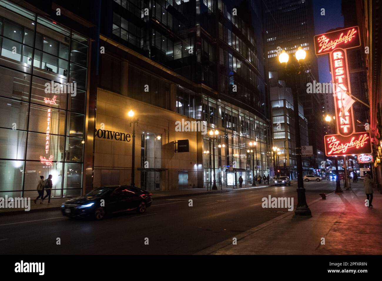 The Berghoff Restaurant, Adams Street, Chicago, at night with lighted ...