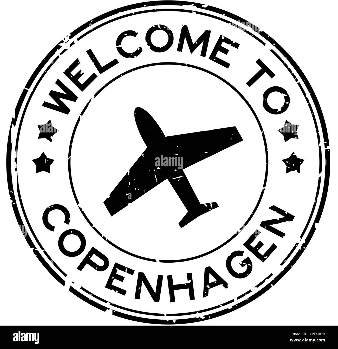 Grunge black welcome to copenhagen word with plane icon round rubber ...