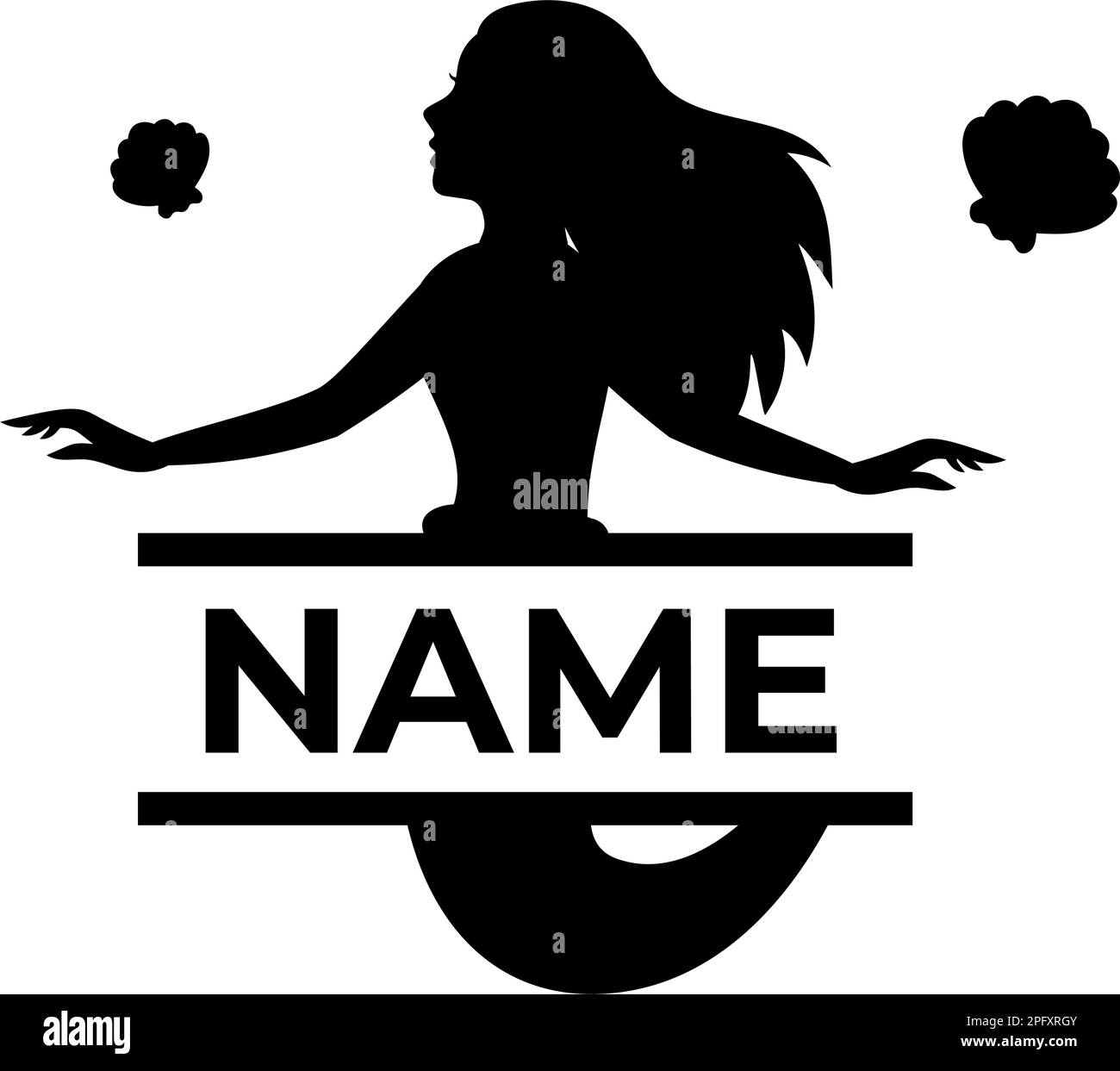 Mermaid black silhouette with monogram. Kids name monogram. Little ...