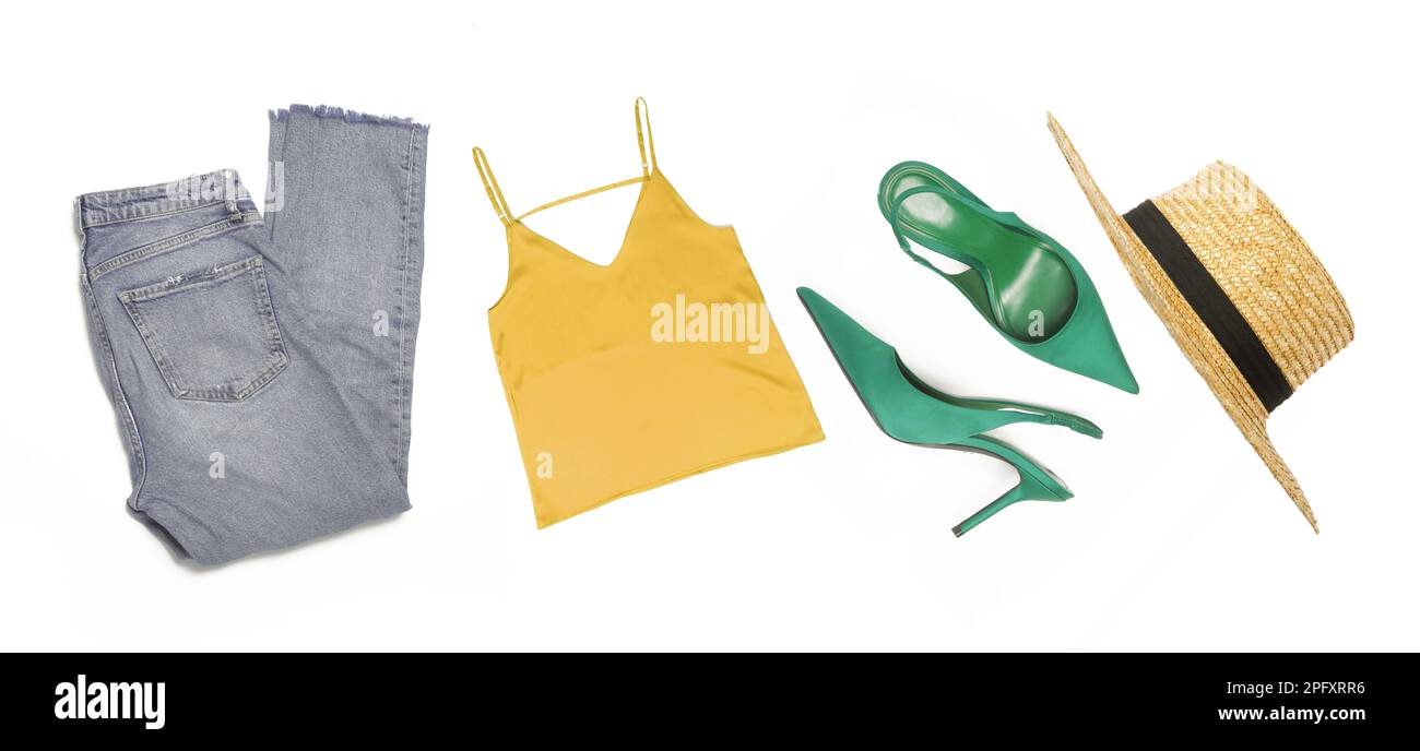 Women's clothes collage isolated on white background. Simple summer ...