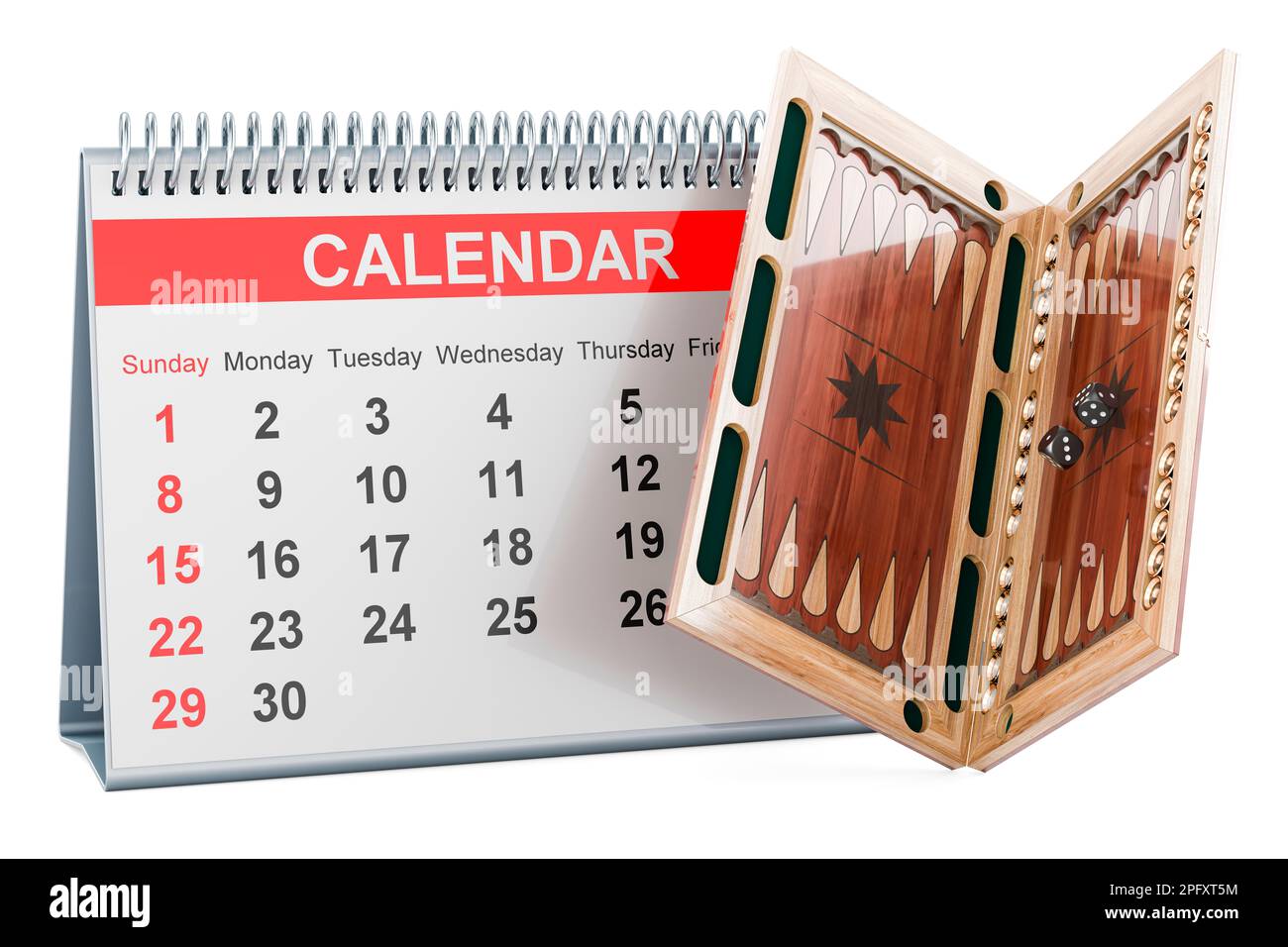Backgammon, board game with desk calendar, 3D rendering isolated on ...