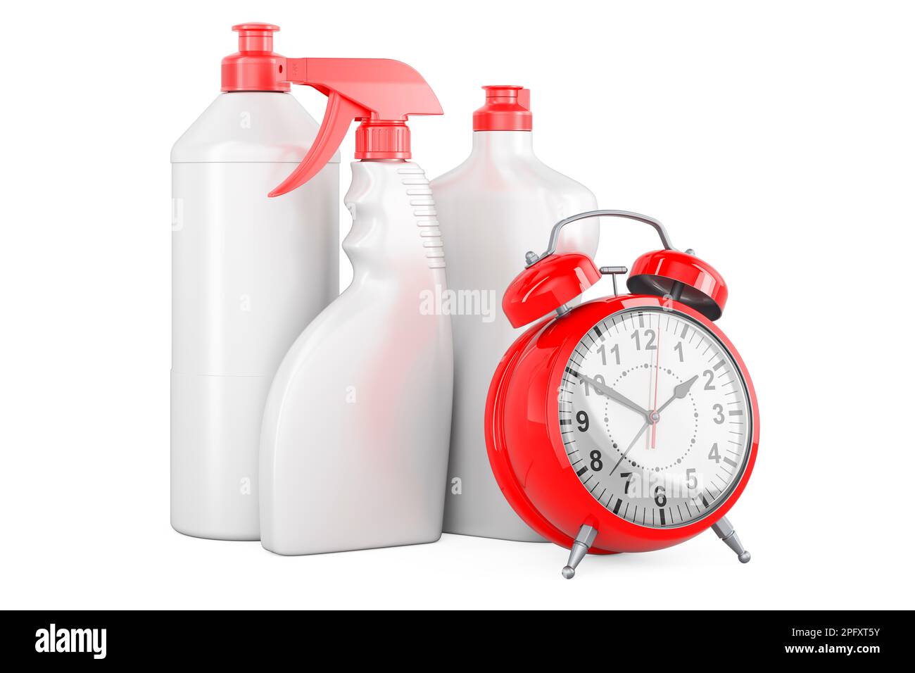 Detergent, cleaning products with alarm clock, 3D rendering isolated on ...