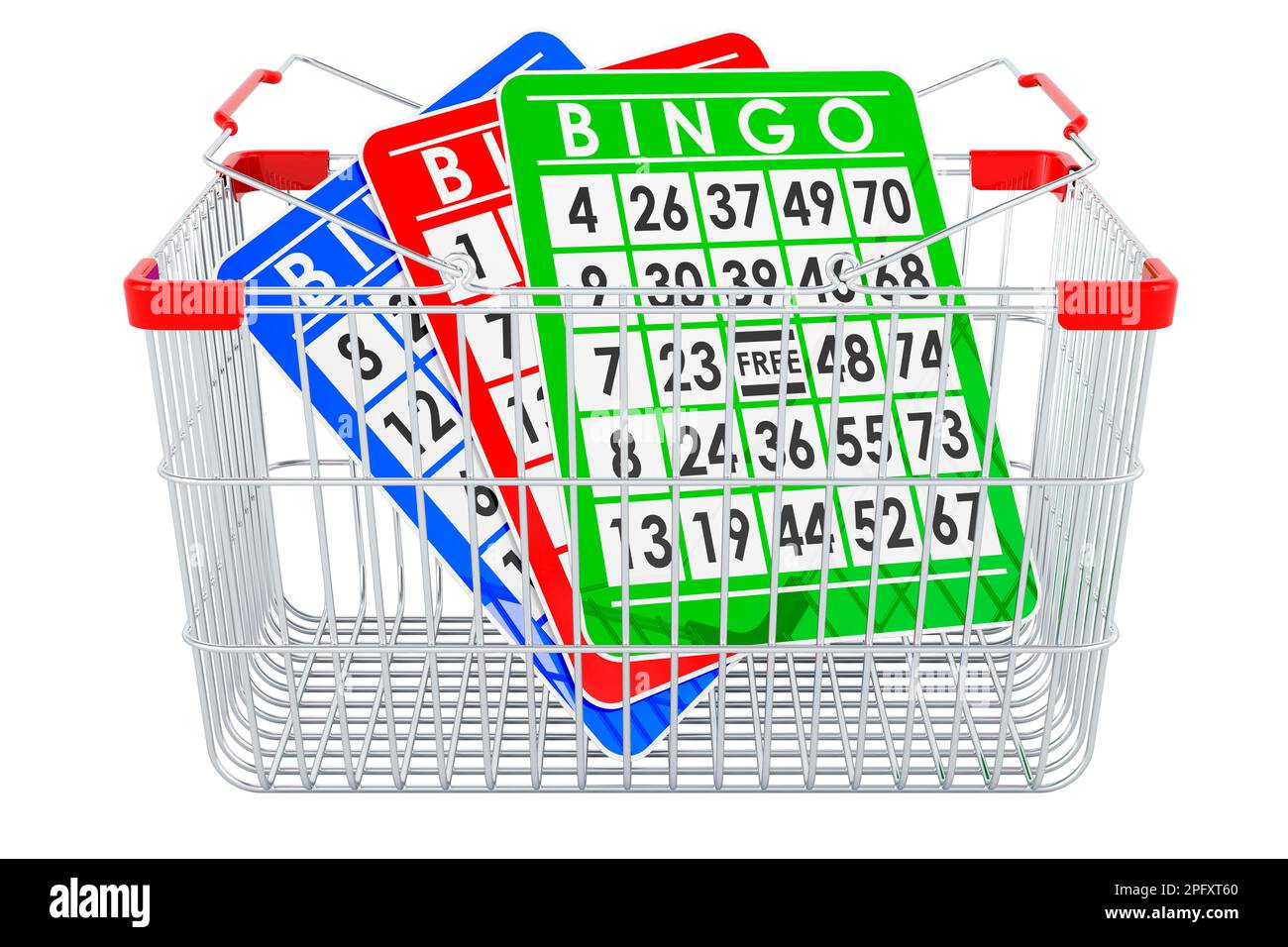 Bingo cards inside shopping basket, 3D rendering isolated on white ...