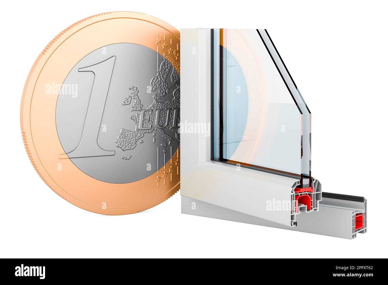 Plastic window profile with euro coin, 3D rendering isolated on white ...