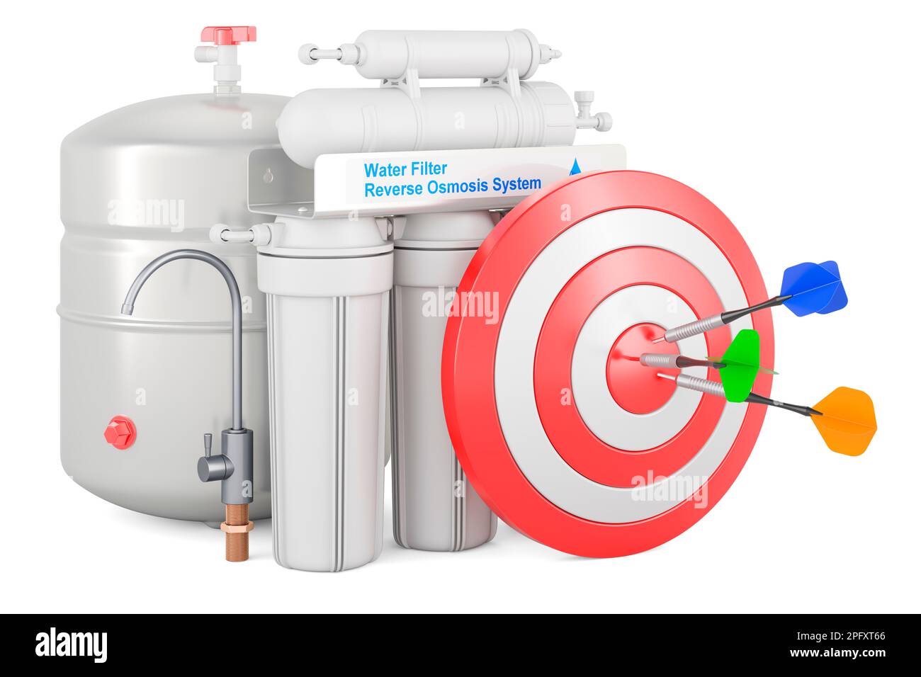 Reverse osmosis system with target and arrows. 3D rendering isolated on ...