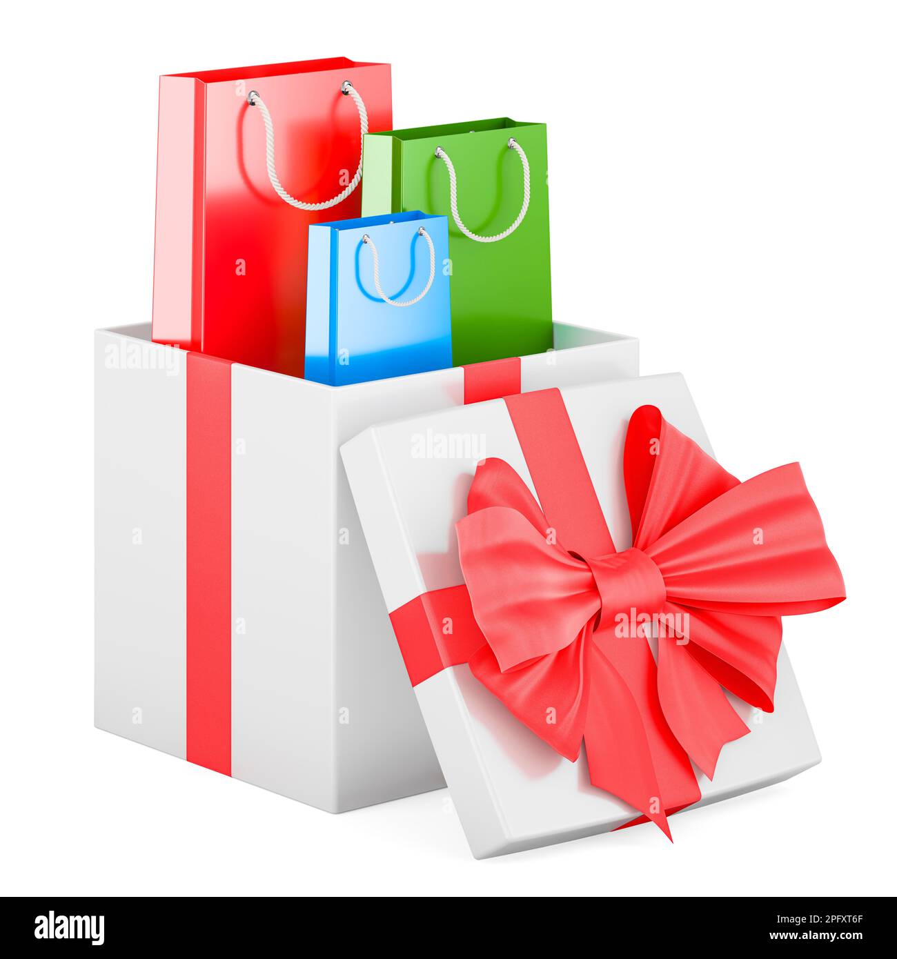 Shopping bags inside gift box, present concept. 3D rendering isolated ...
