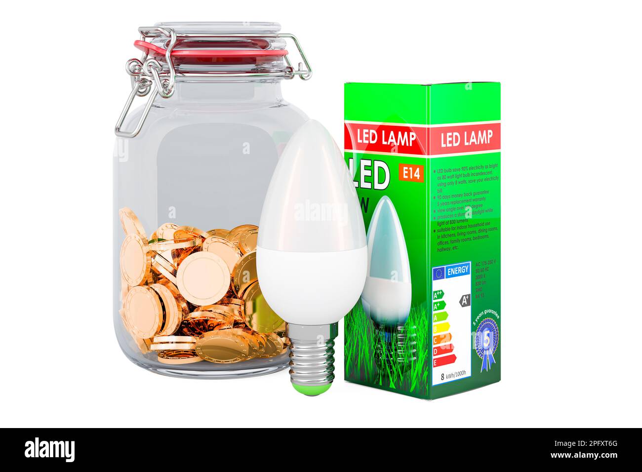 Energy savings LED lamp with glass jar full of golden coins. Saving ...