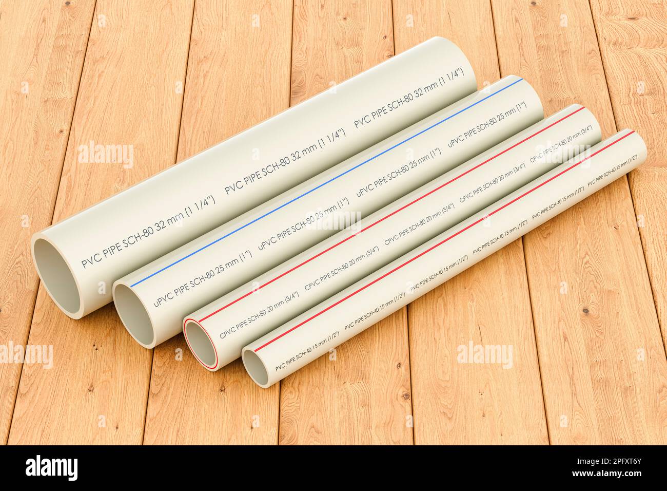 PVC pipes, composite pipe, uPVC pipe, cPVC pipe on the wooden table, 3D rendering Stock Photo ...