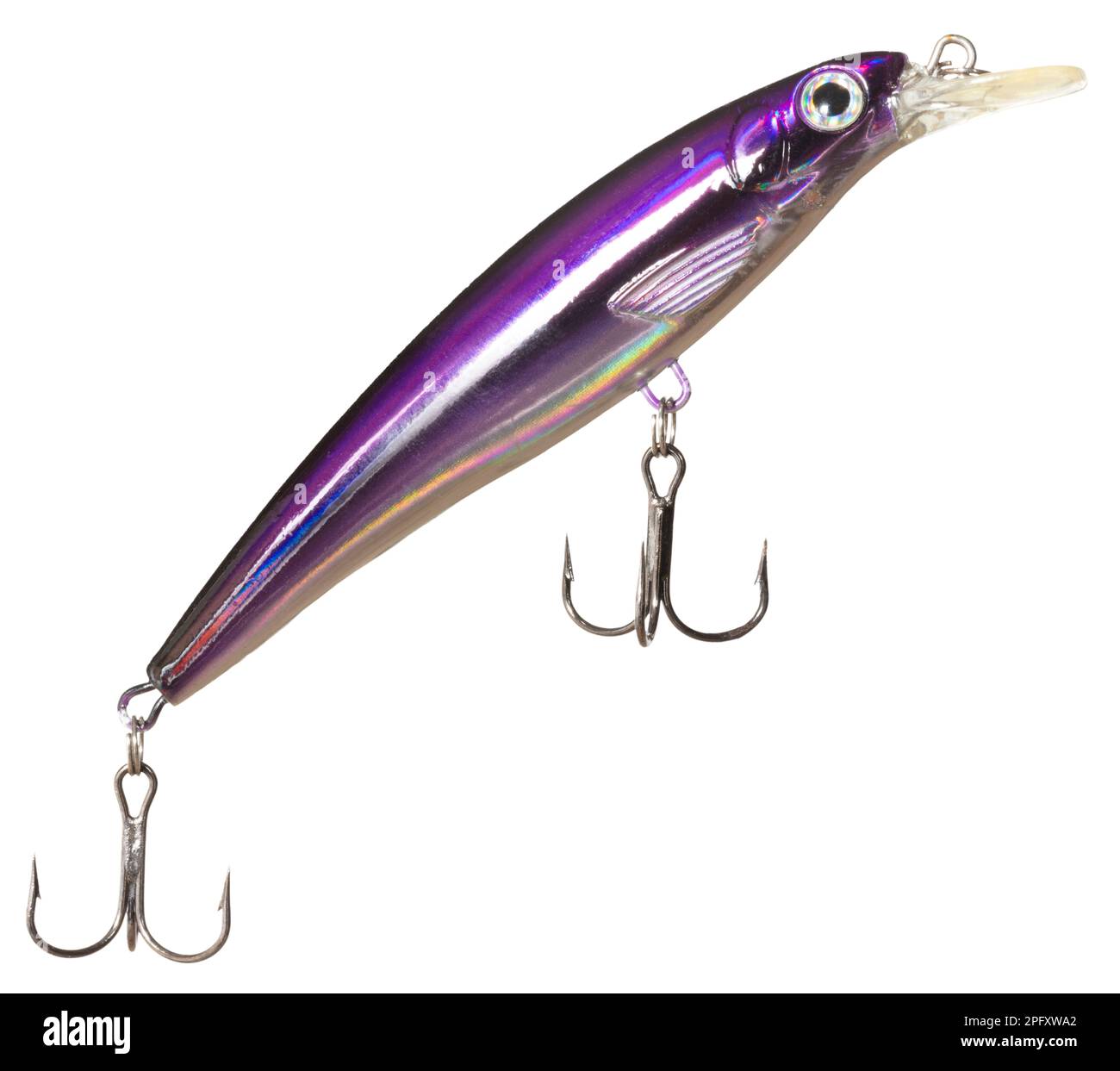 Purple artificial fishing lure with large bill and two treble hooks ...